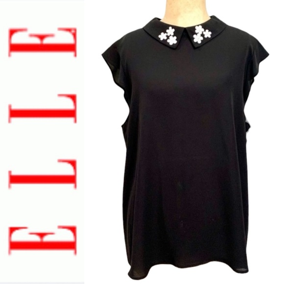 Elle | Tops | Elle Black Georgette Top Appliqu Flower Collar Semi Sheer ...